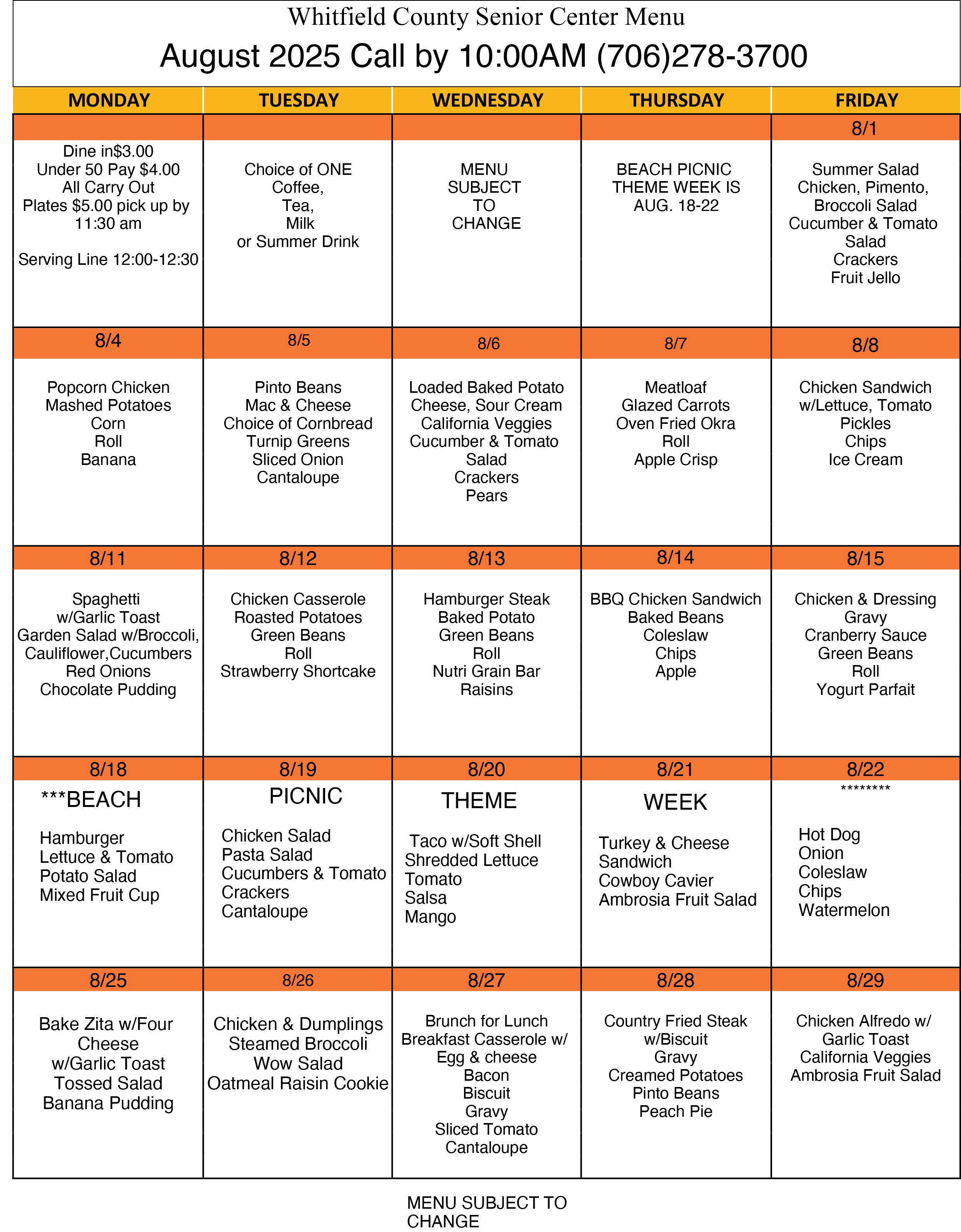 Whitfield County Senior Center August menu | Dalton Daily Citizen