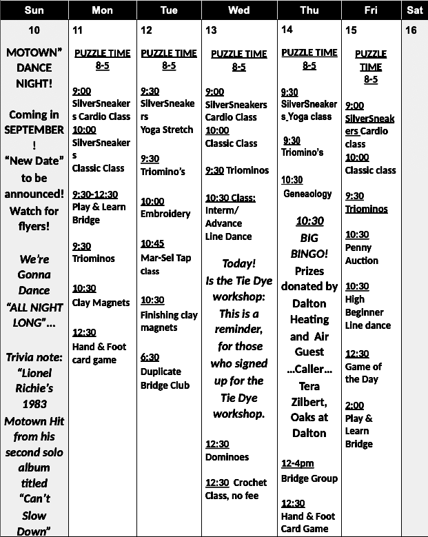 Whitfield County Senior Center Activity Calendar for Aug. 10-16 ...