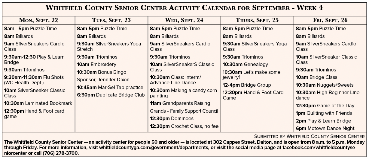 Whitfield County Senior Center Activity Calendar for September 2025 ...